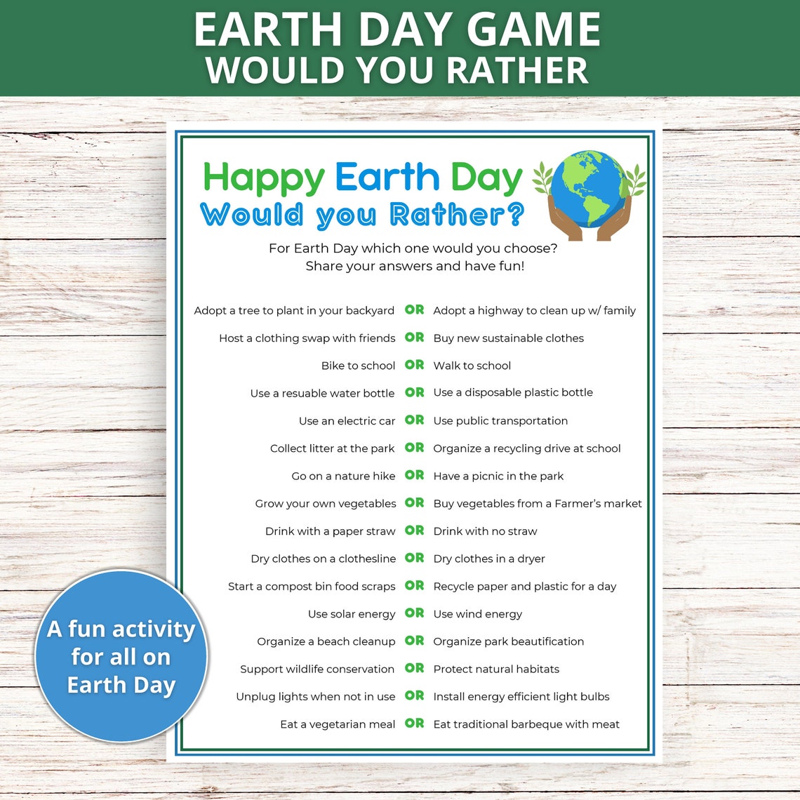 Earth Day Would You Rather Game for Kids & Adults • This or That ...