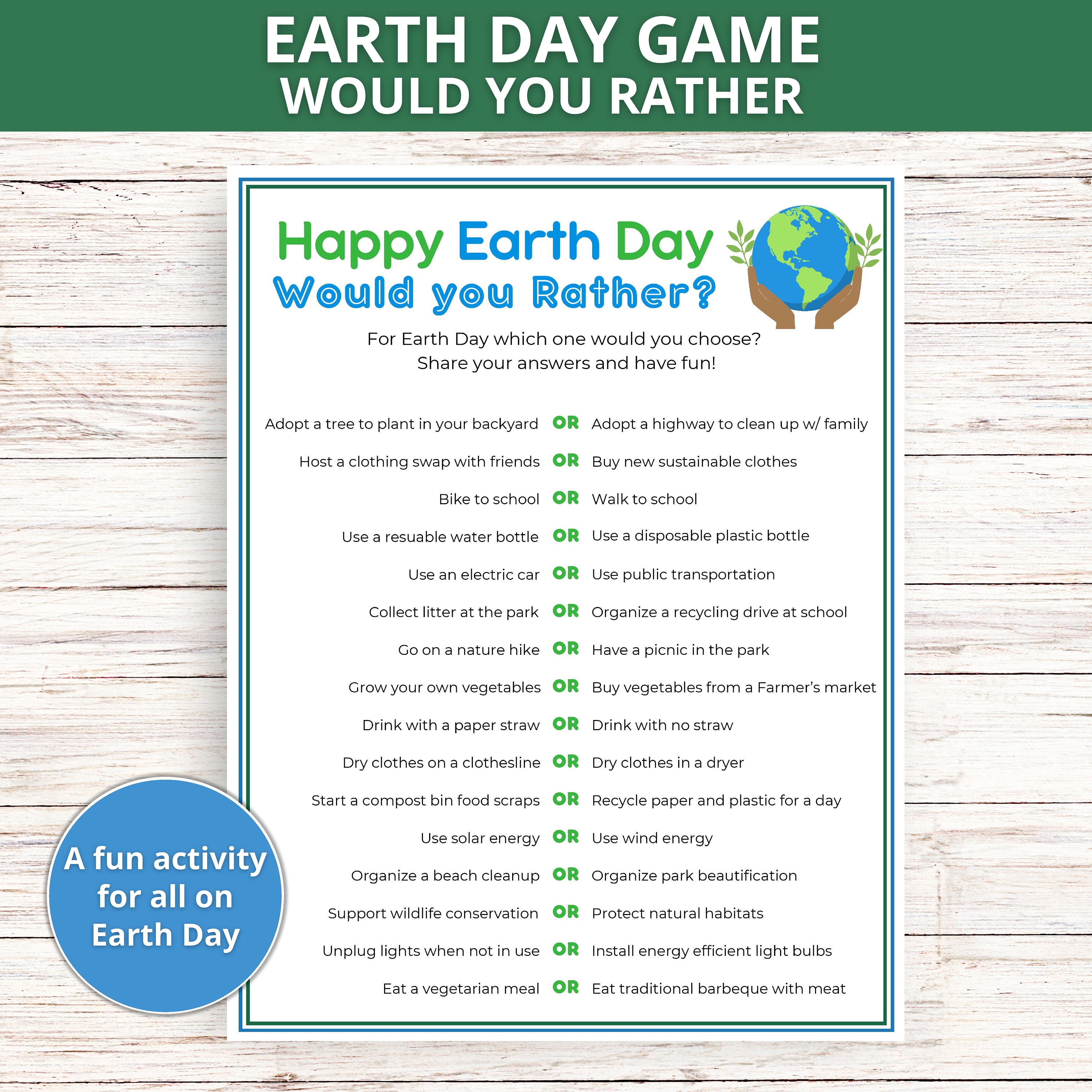 Earth Day Would You Rather Game for Kids & Adults • This or That ...
