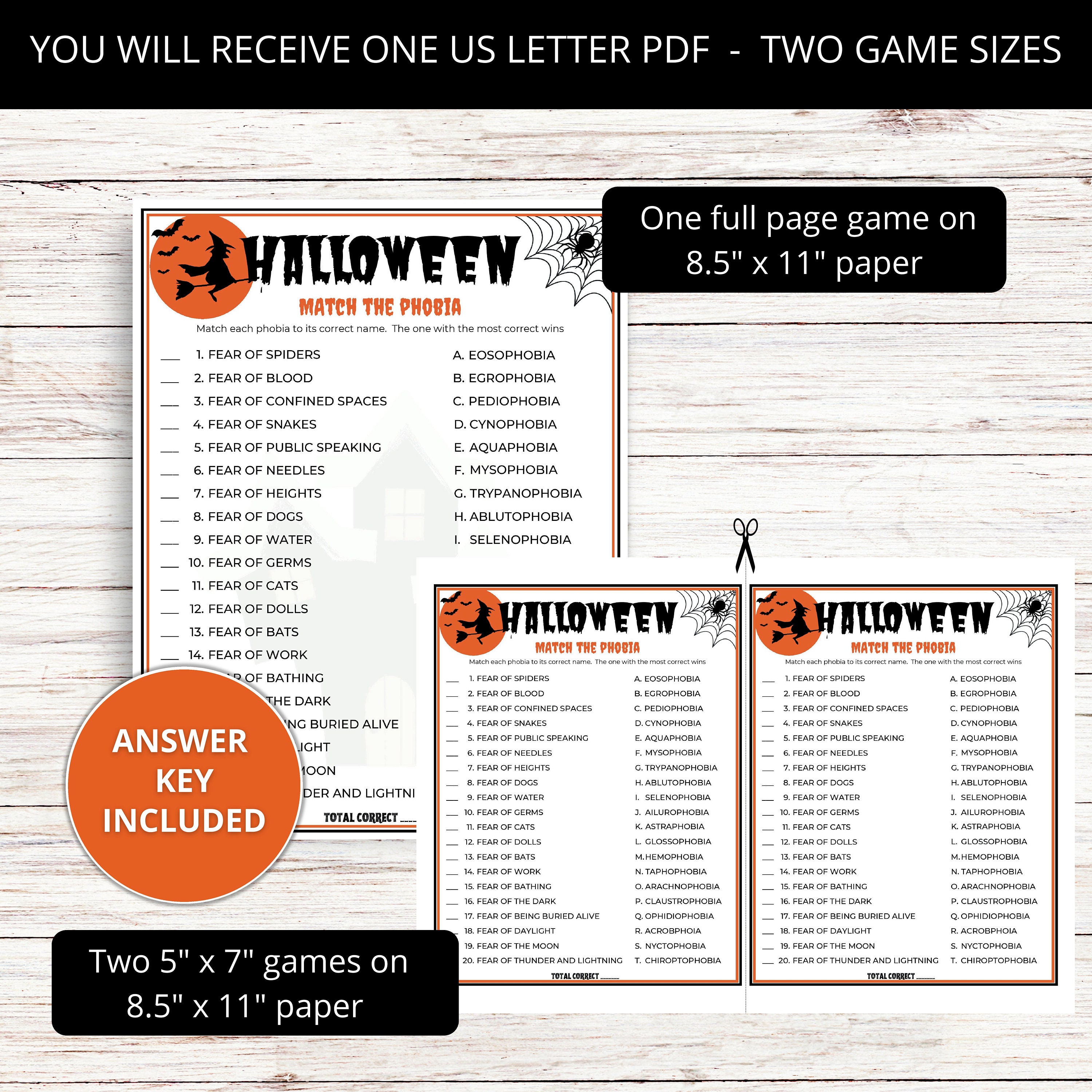 Halloween Match the Phobia Game for Kids & Adults Fun - Etsy