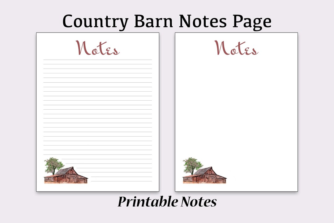 Printable Notes Page, Country Barn 1, Lined Note Paper, Unlined Note ...