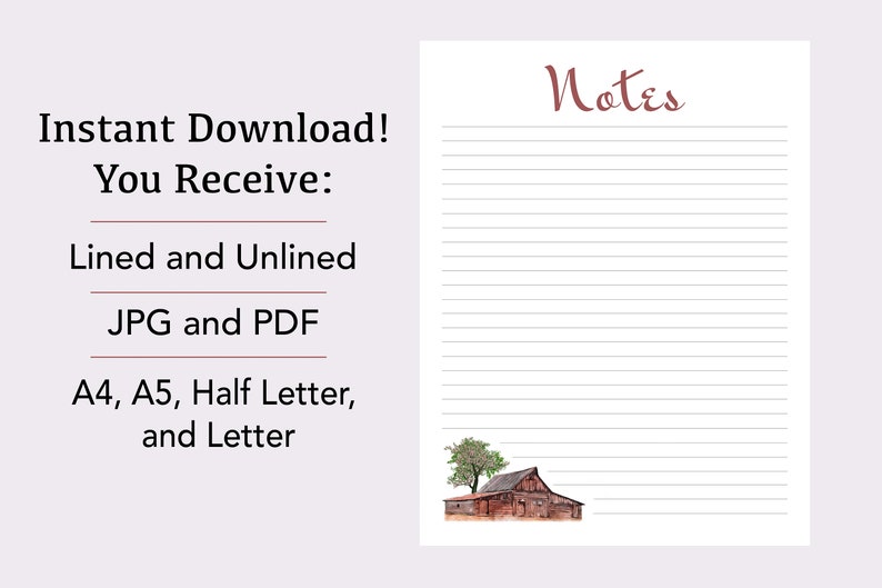 Printable Notes Page, Country Barn 1, Lined Note Paper, Unlined Note ...