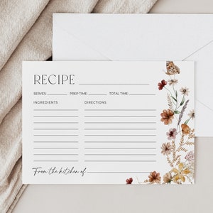 Wildflower Recipe Card Template, Printable Recipe Card, Boho Floral ...