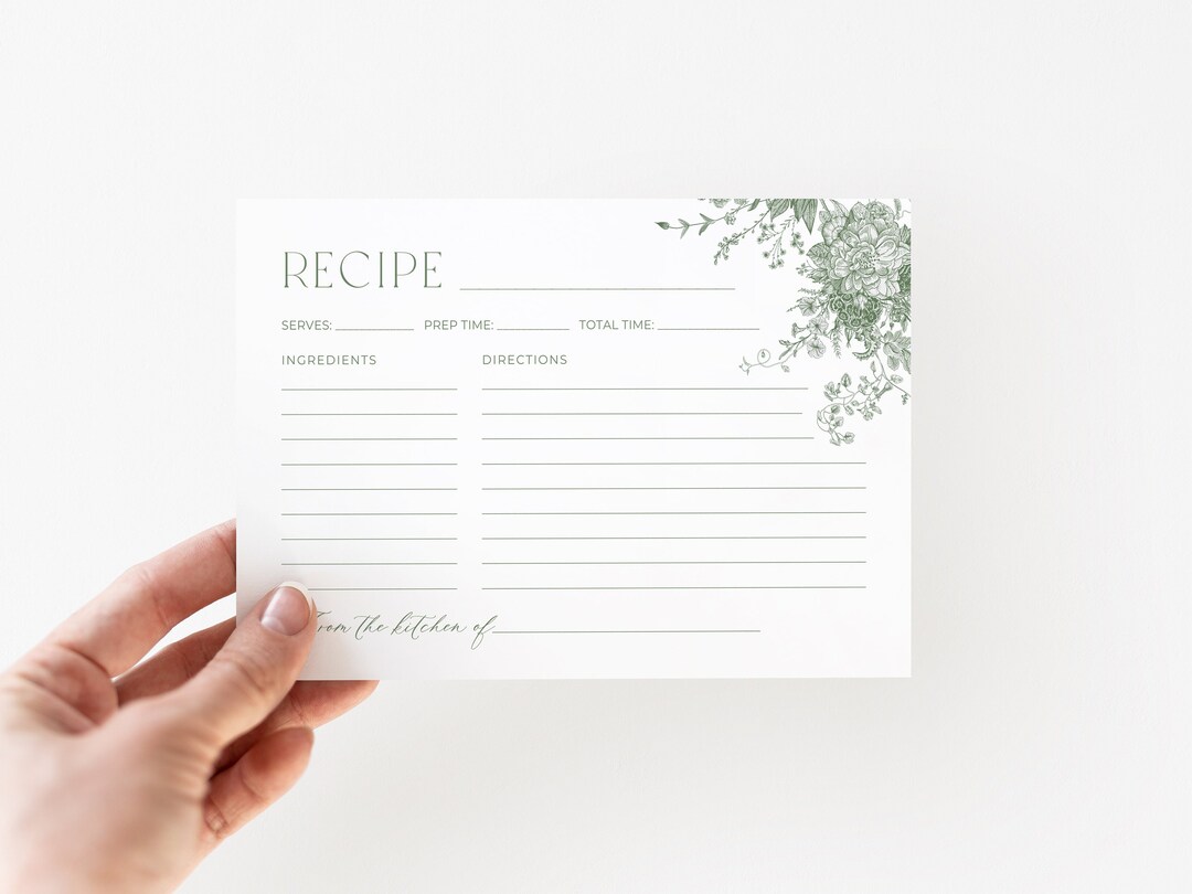 Green Recipe Card Template, Printable Recipe Card, Vintage Floral ...