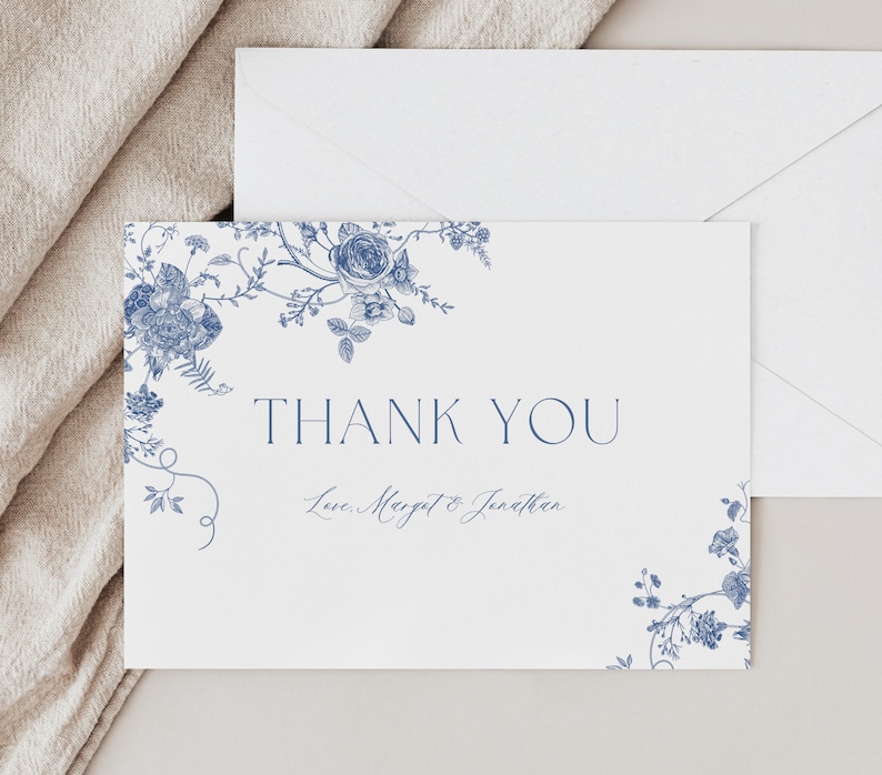 Dusty Blue Thank You Card Template: Vintage Floral French Toile De Jouy ...