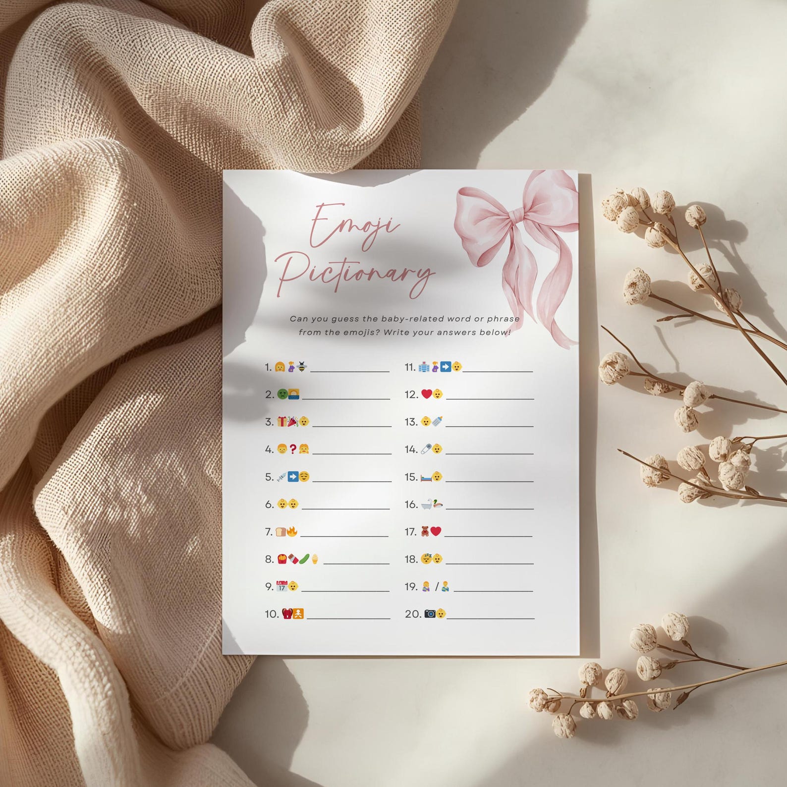 Pink Bow Baby Emoji Pictionary Game Template: Bow Coquette Baby Shower ...