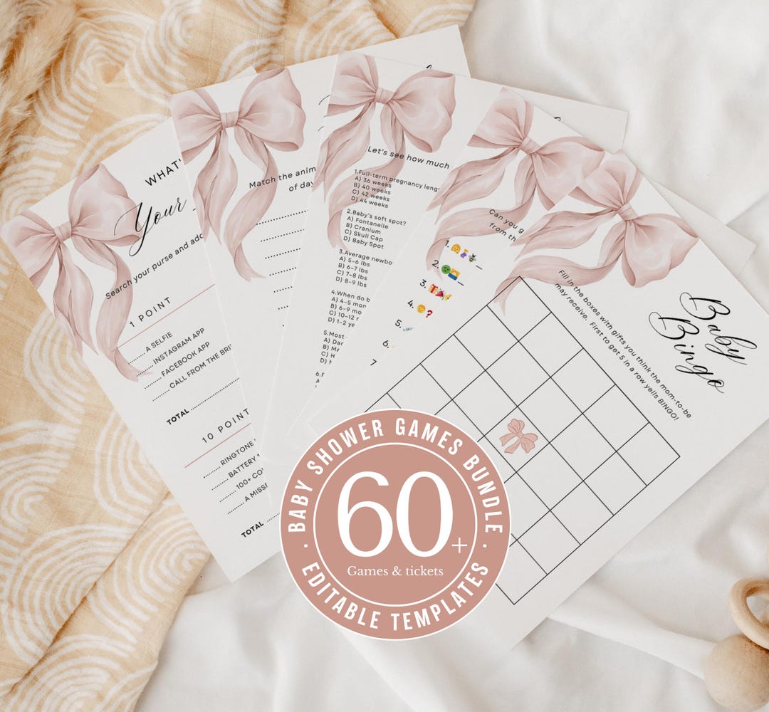 Blush Pink Bow Baby Shower Games Mega Bundle: Elegant Baby Games ...