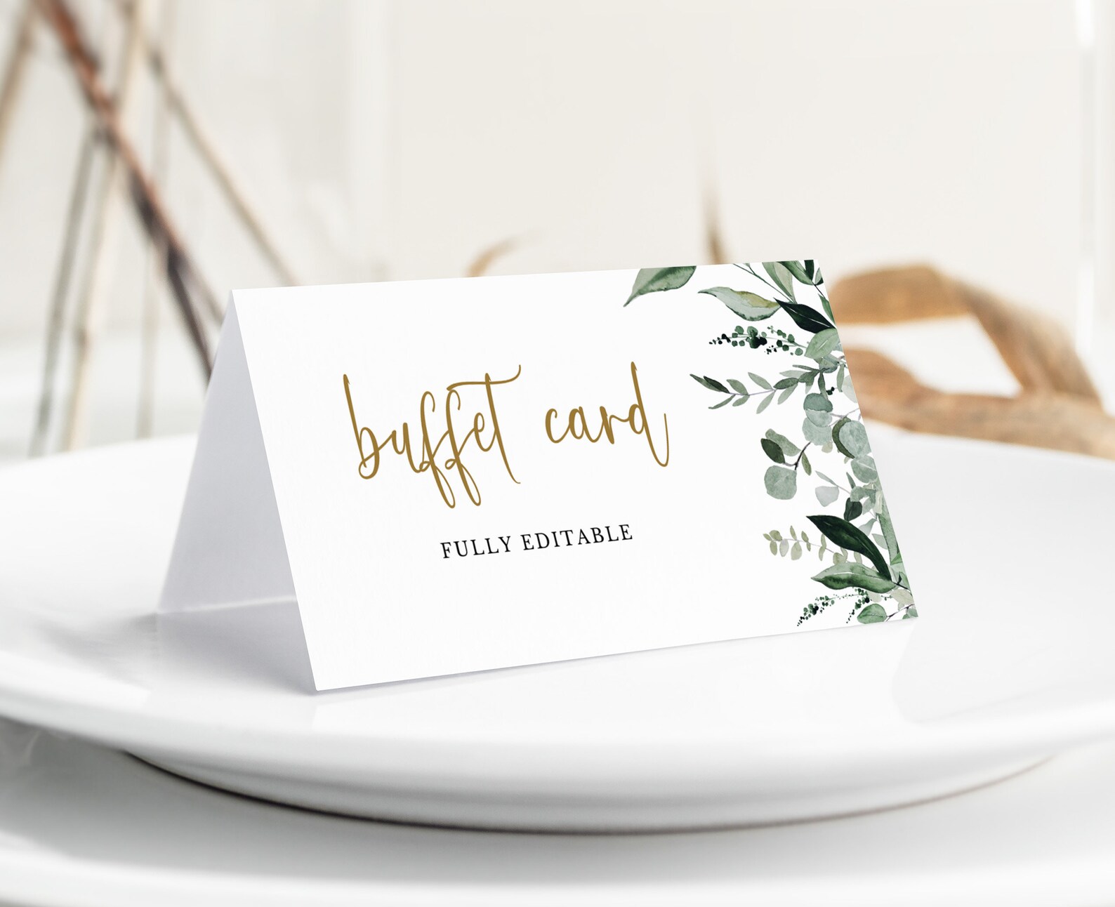 Greenery Food Labels Template, Gold Greenery Buffet Card, Leaves Food ...
