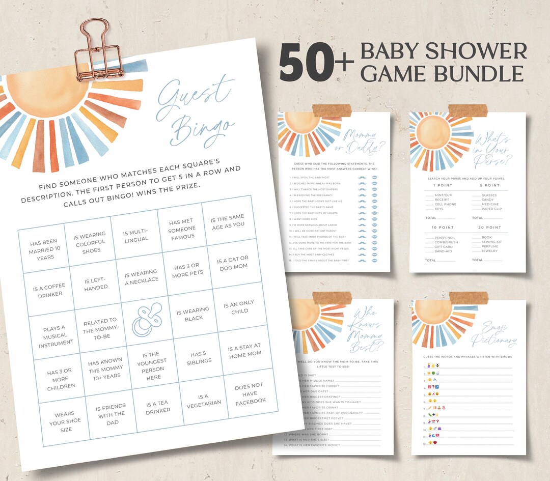Sunshine Baby Shower Games Bundle, Summer Party Games Pack, Boho ...