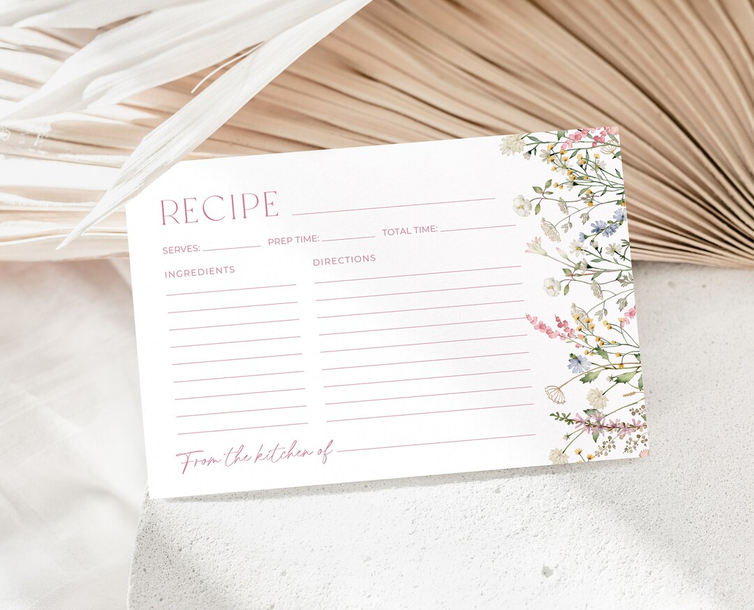 Wildflower Recipe Card Template, Printable Recipe Card, Pink Floral ...