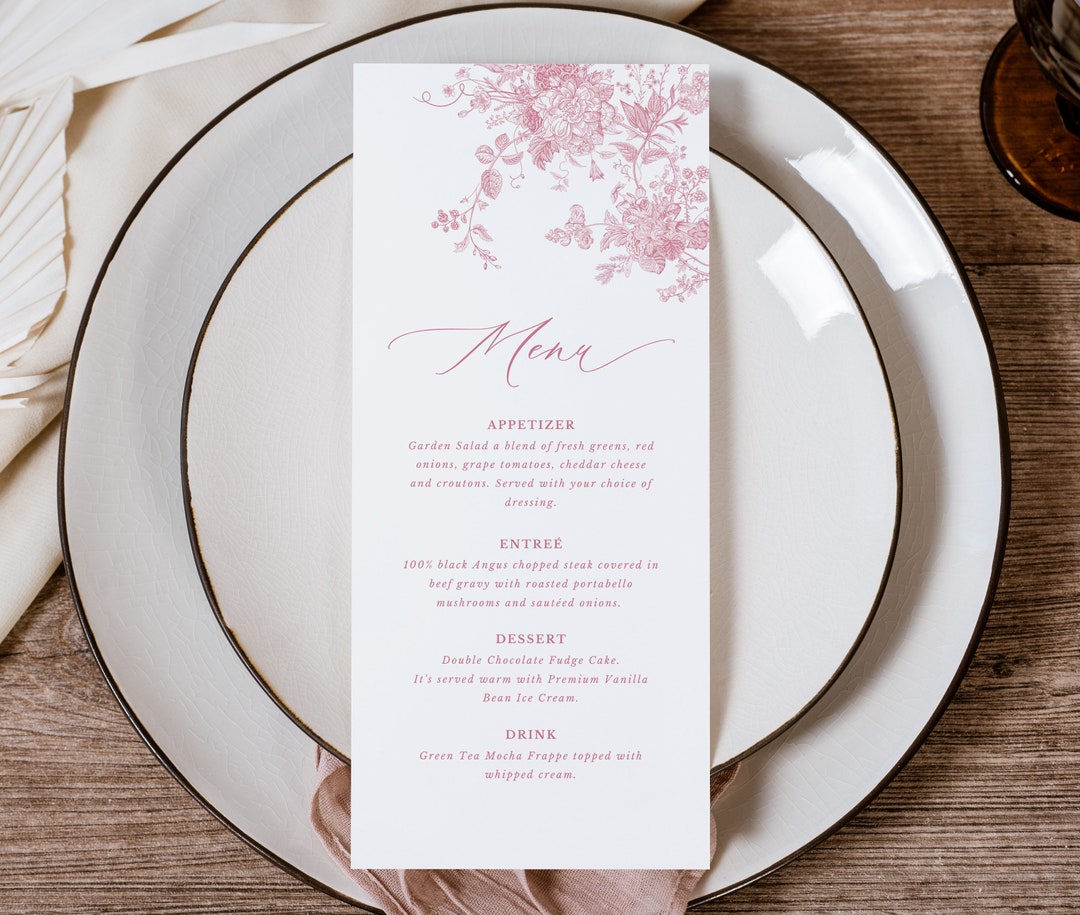 Dusty Pink Menu Template, Vintage Floral Wedding Menu, Printable ...