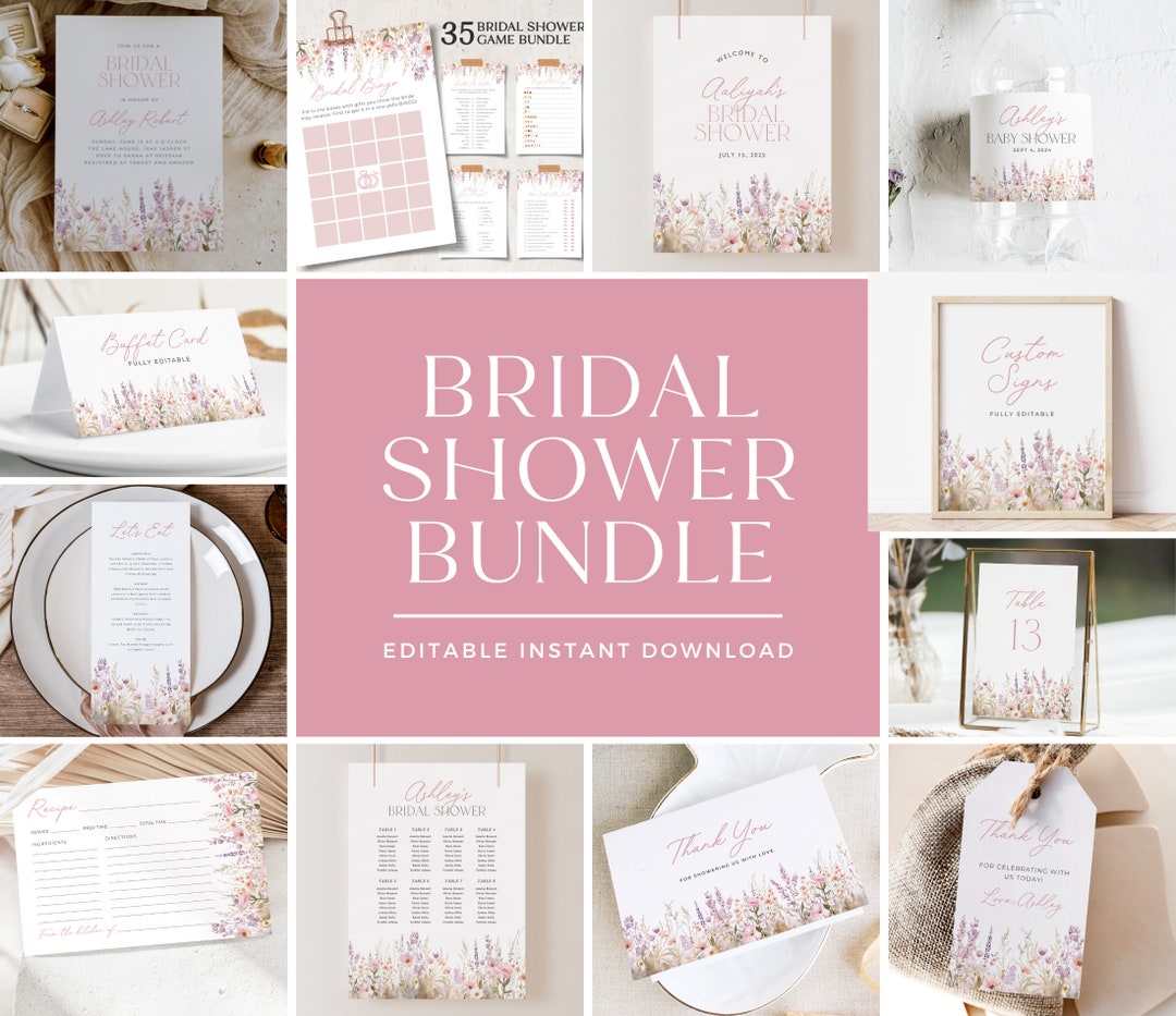 Wildflower Bridal Shower Invitation Bundle, Pink Floral Bridal Shower ...