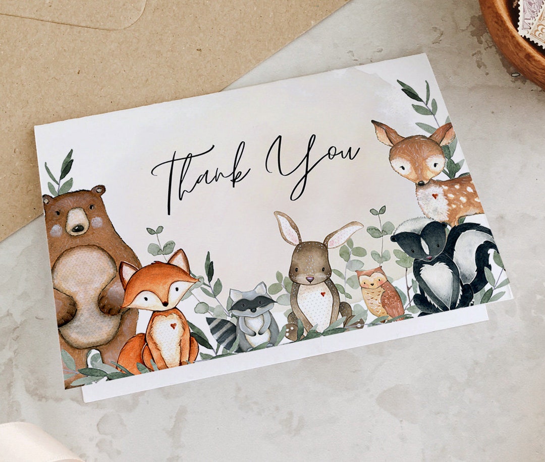 Woodland Thank You Card Template, Woodland Baby Shower, Folded Thank ...