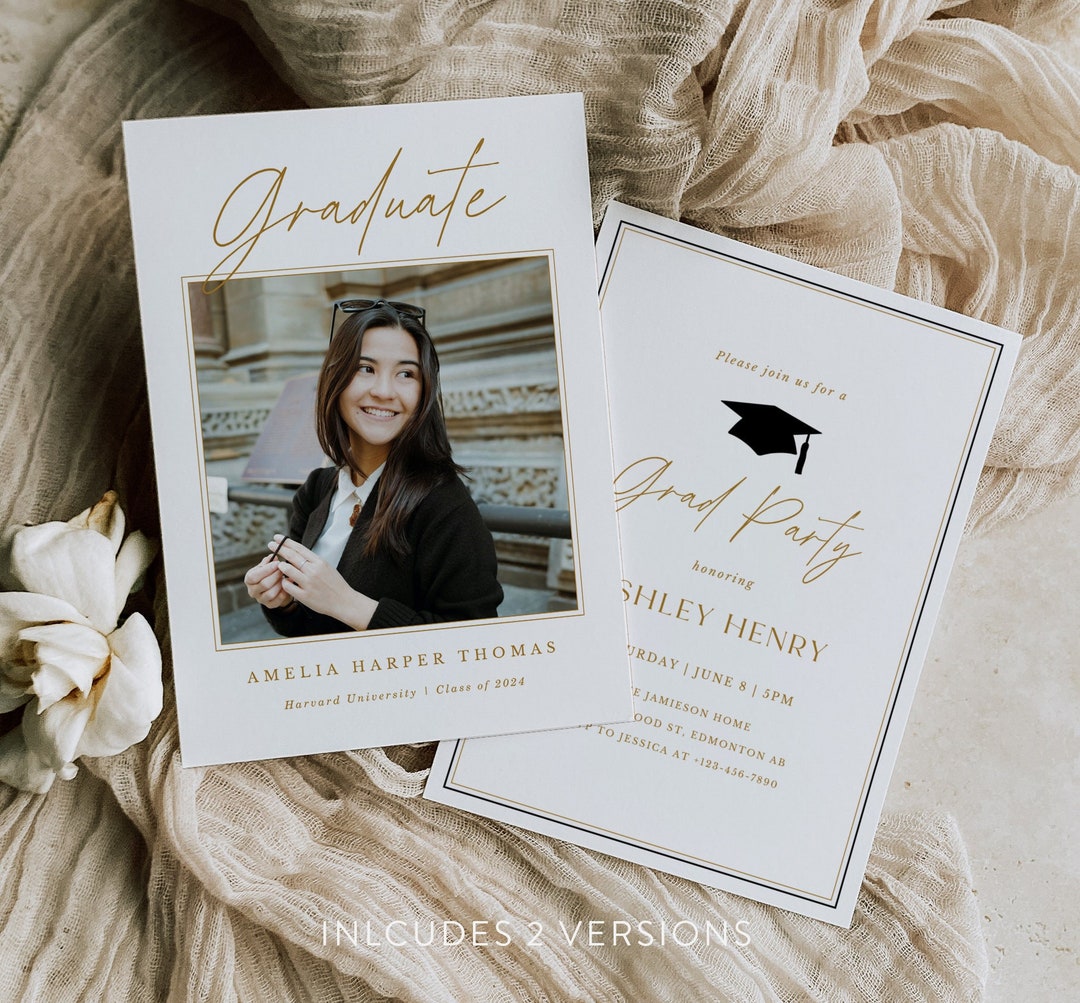 Minimalist Graduation Party Invitation Template, Black and Gold ...