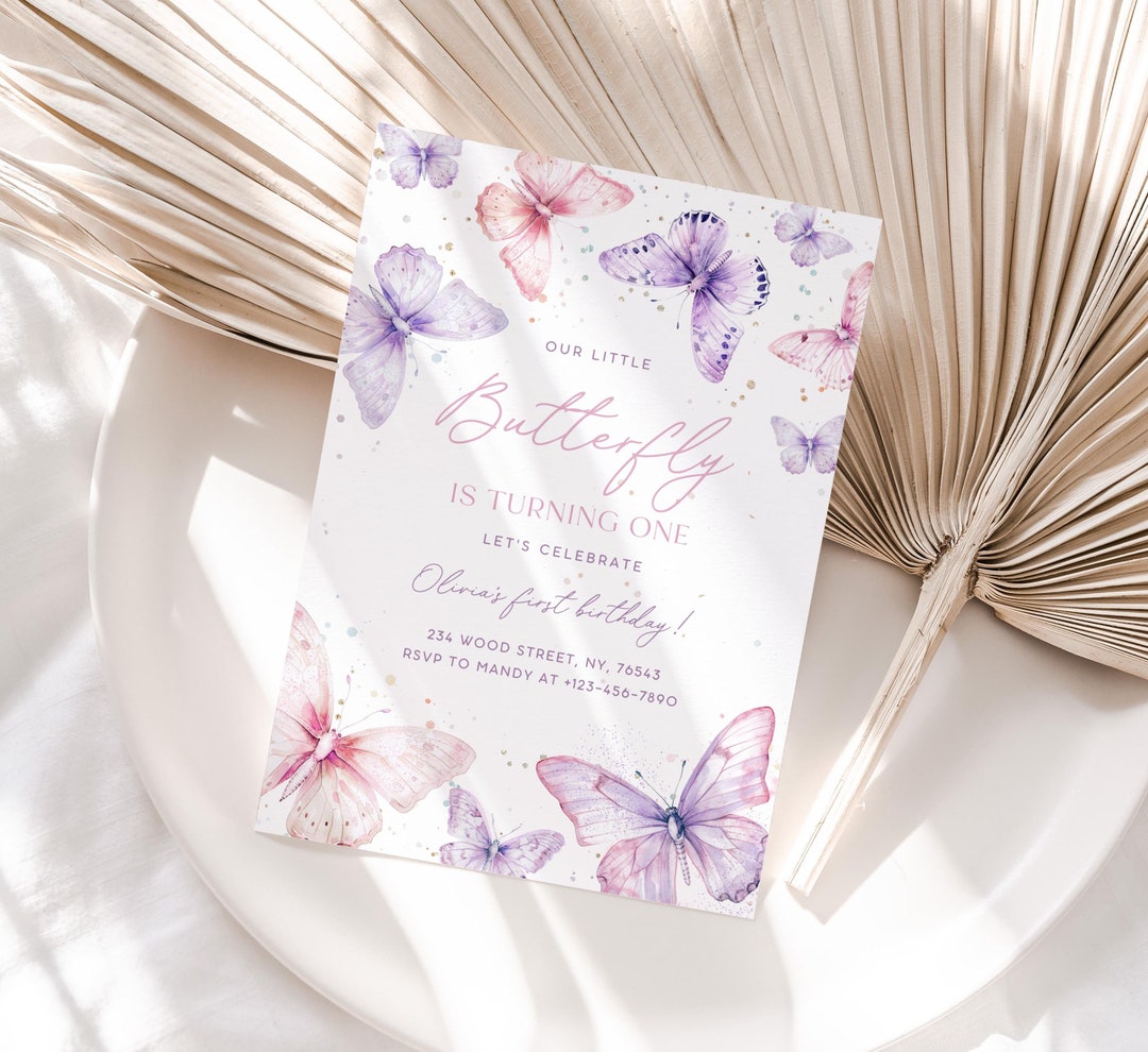 Butterfly Birthday Invitation Template, Purple Butterfly First Birthday ...