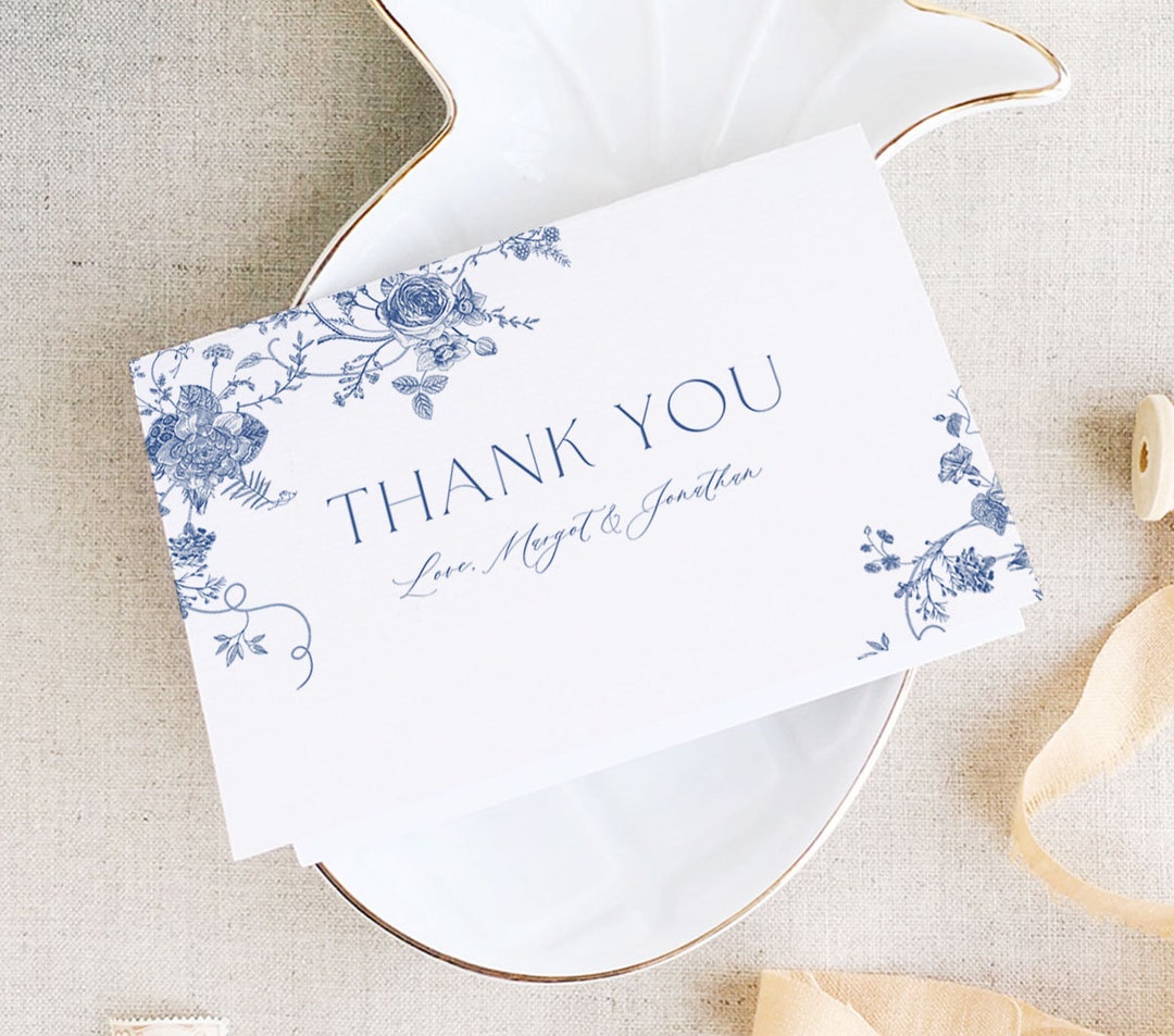 Dusty Blue Thank You Card Template, Vintage Floral Folded Thank You ...