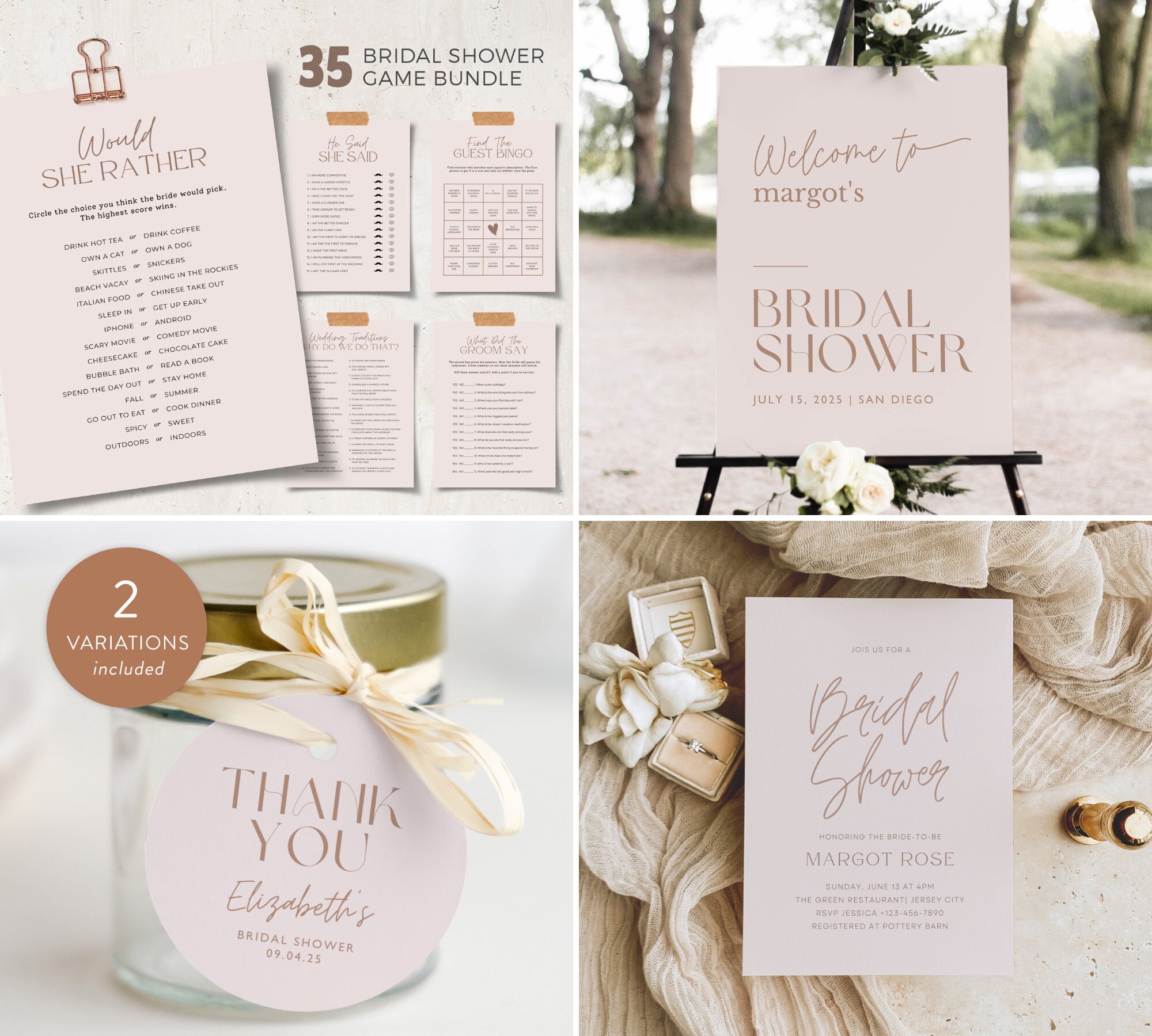 Blush Bridal Shower Invitation Bundle, Minimalist Bridal Shower ...