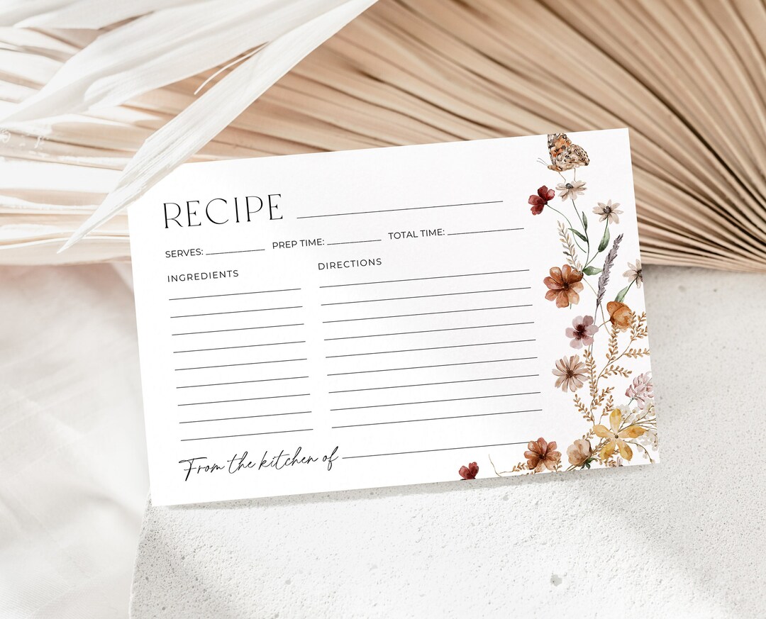 Wildflower Recipe Card Template, Printable Recipe Card, Boho Floral ...