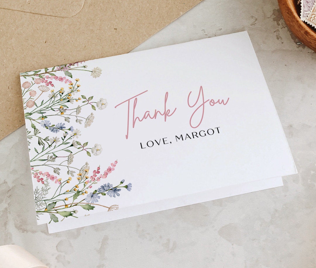 Wildflower Thank You Card Template, Pink Floral Folded Thank You ...