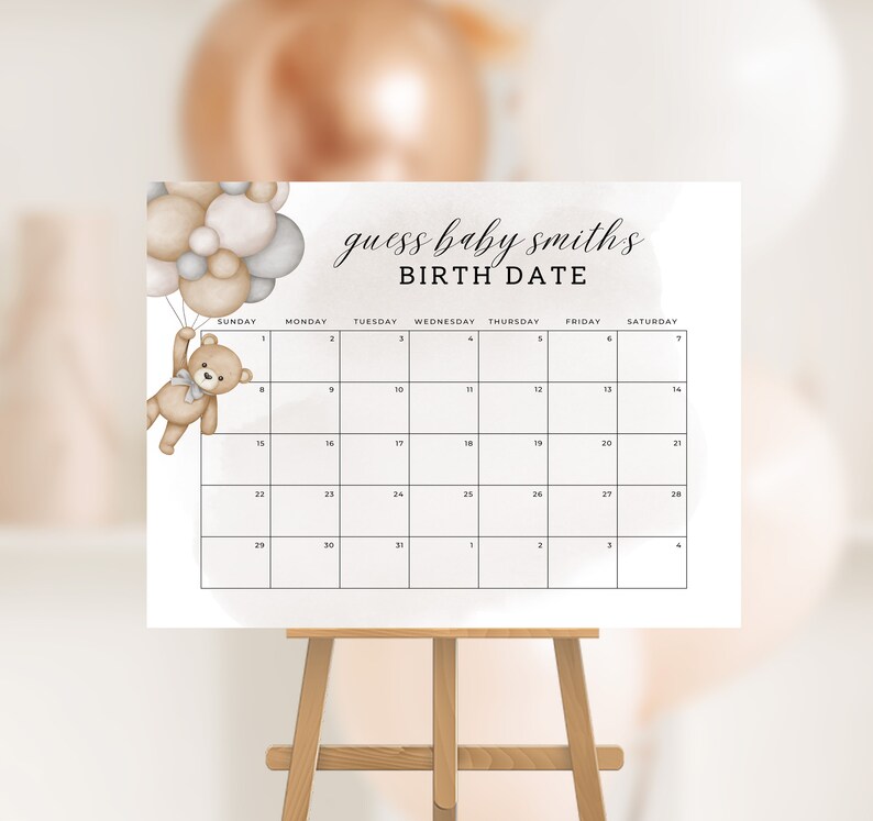 Bear Baby Shower Game: Guess Due Date Calendar (editable Template) - Etsy