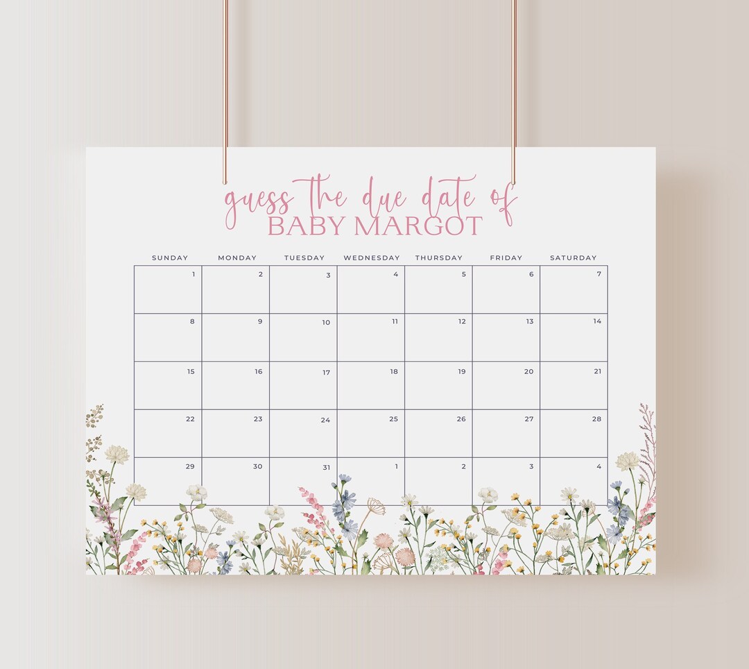 Wildflower Baby Shower Game: Guess Due Date Calendar (editable in Canva) - Etsy
