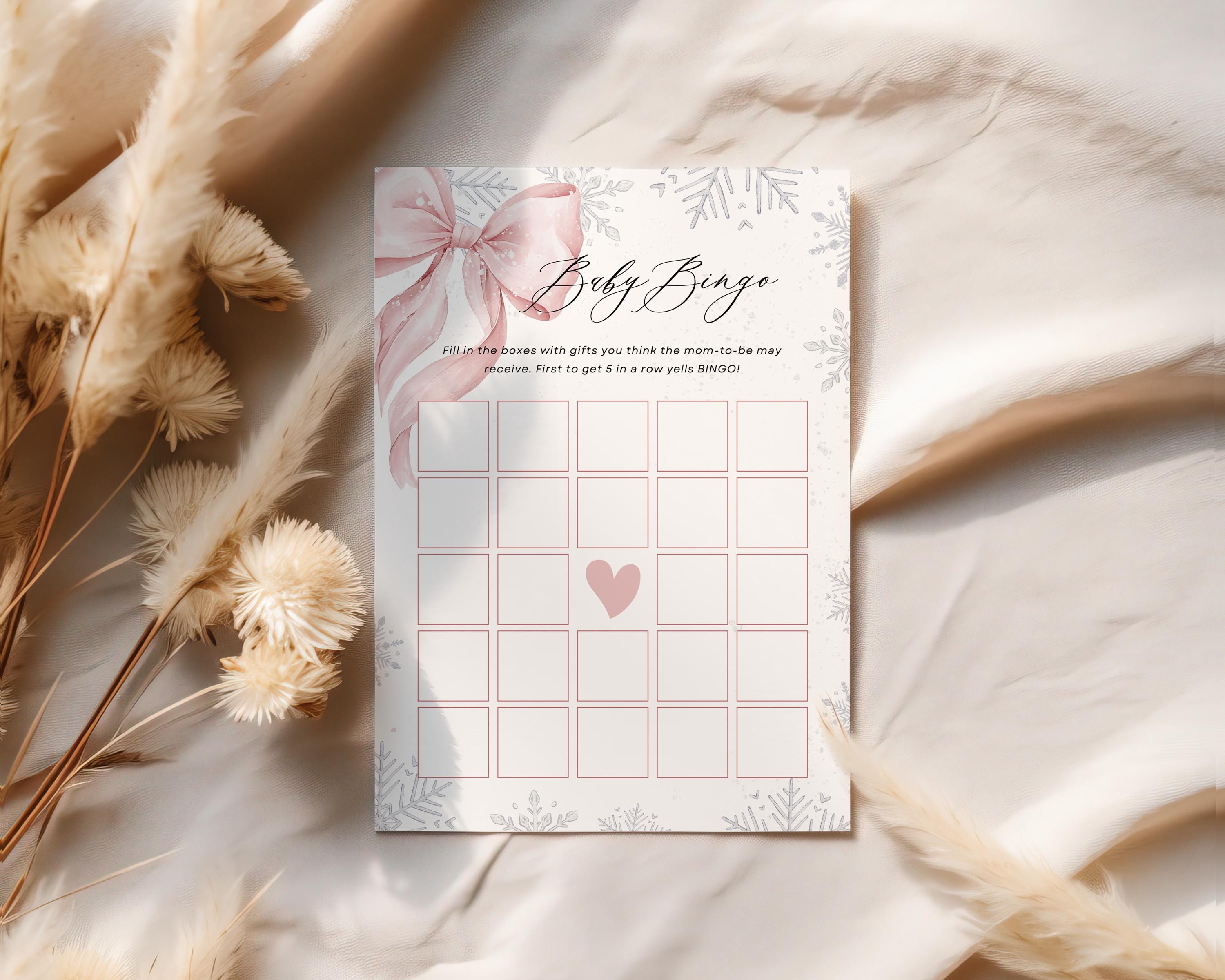 Pink Bow Winter Baby Shower Bingo Game: Snowflakes Baby Bingo ...