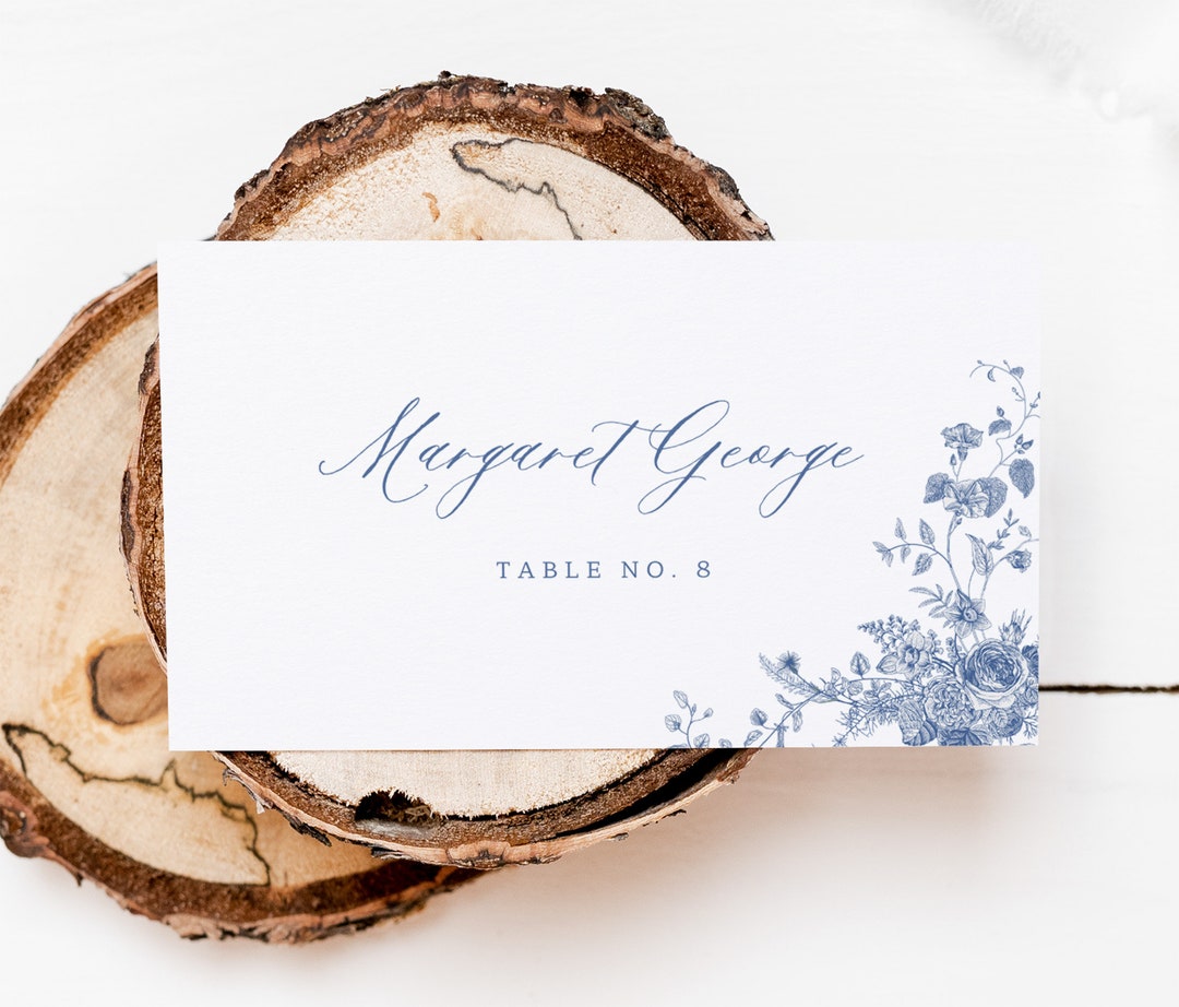 Dusty Blue Floral Wedding Place Card Template (editable) - Etsy