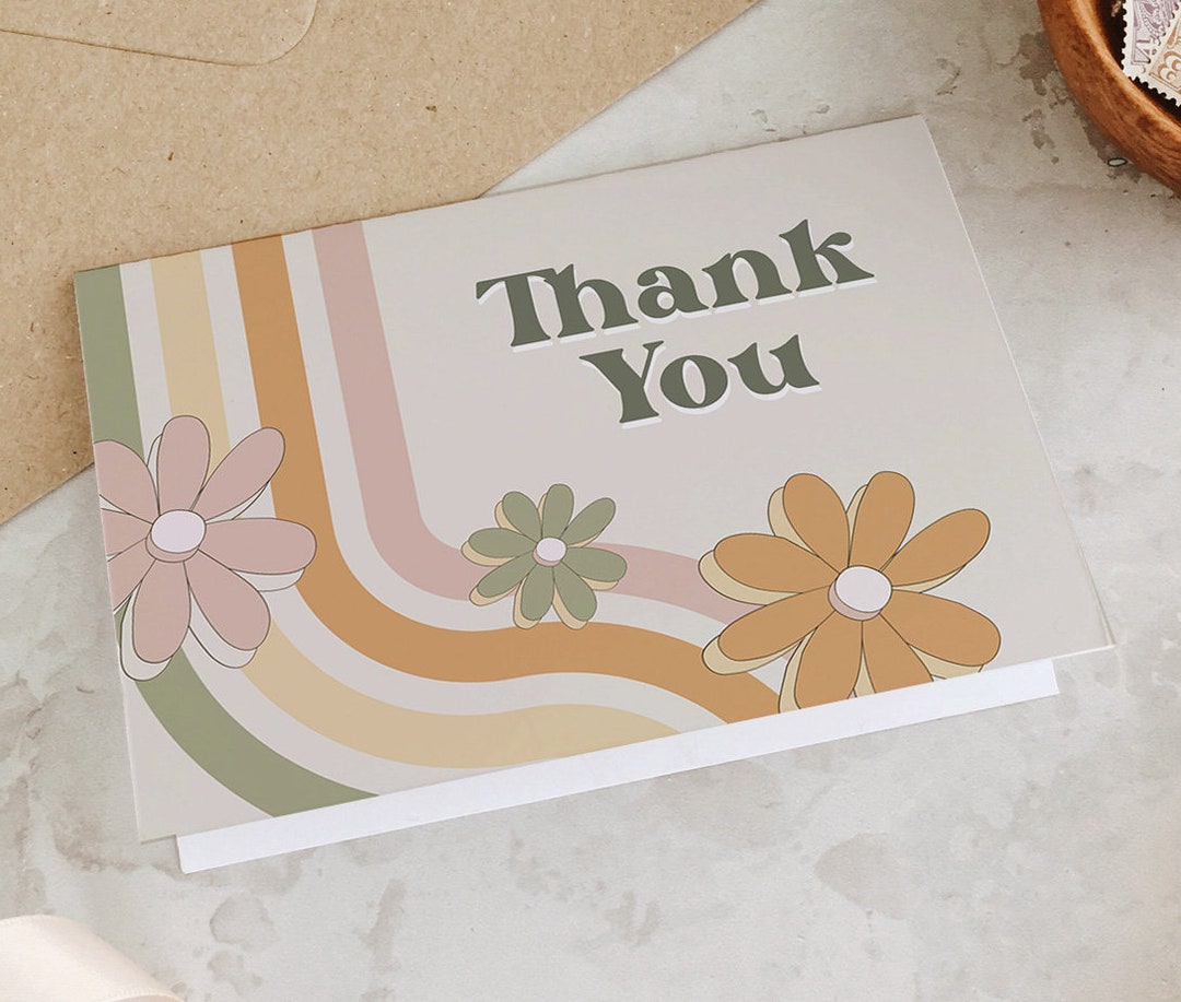 Retro Thank You Card Template, 70s Folded Thank You Printable, Retro ...
