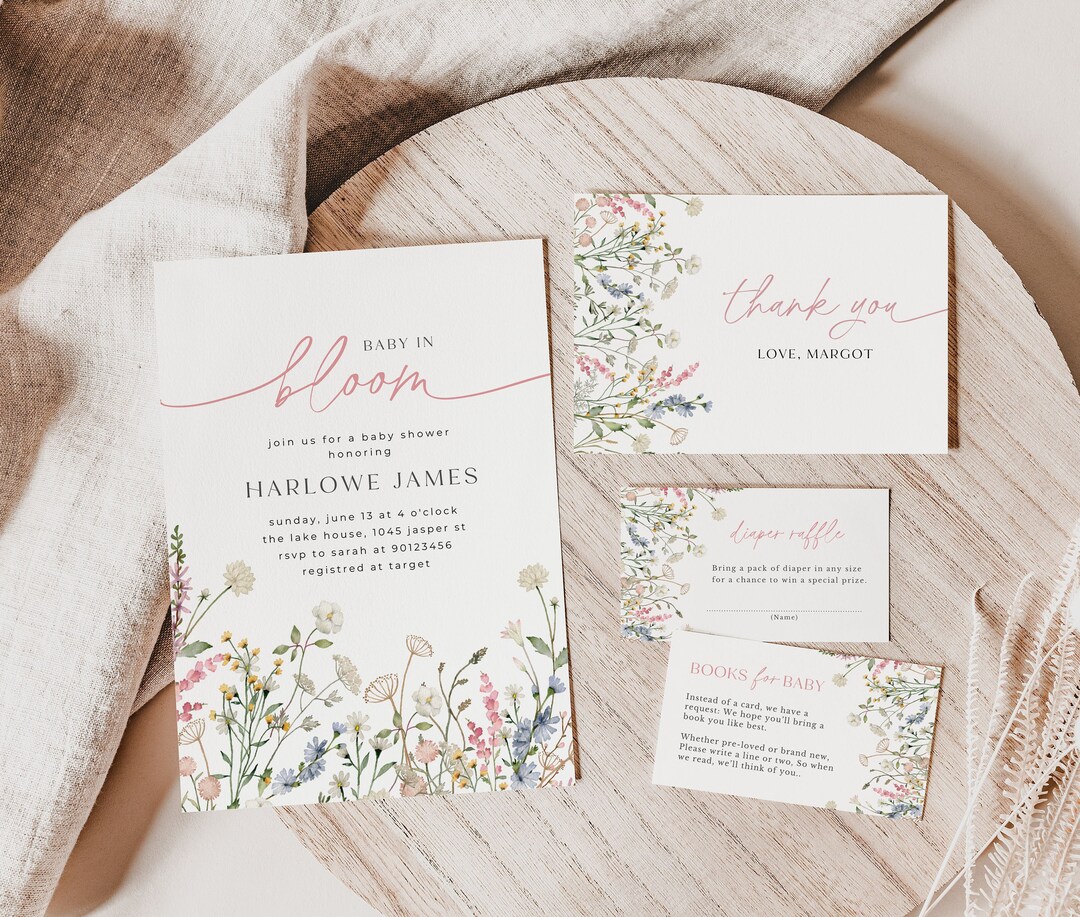 Baby in Bloom Baby Shower Invitation Set Template, Pink Wildflower Baby ...