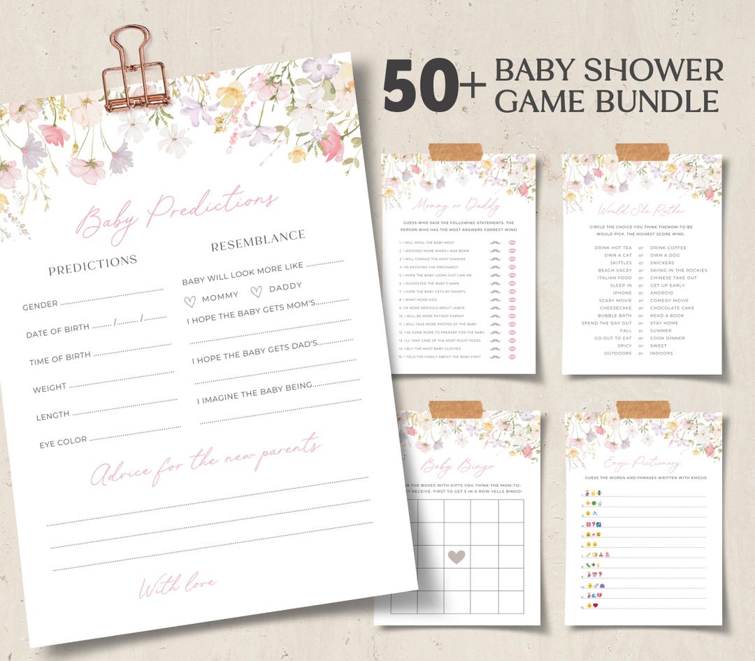 Wildflower Baby Shower Games Bundle, Pink Flowers Party Games Pack ...