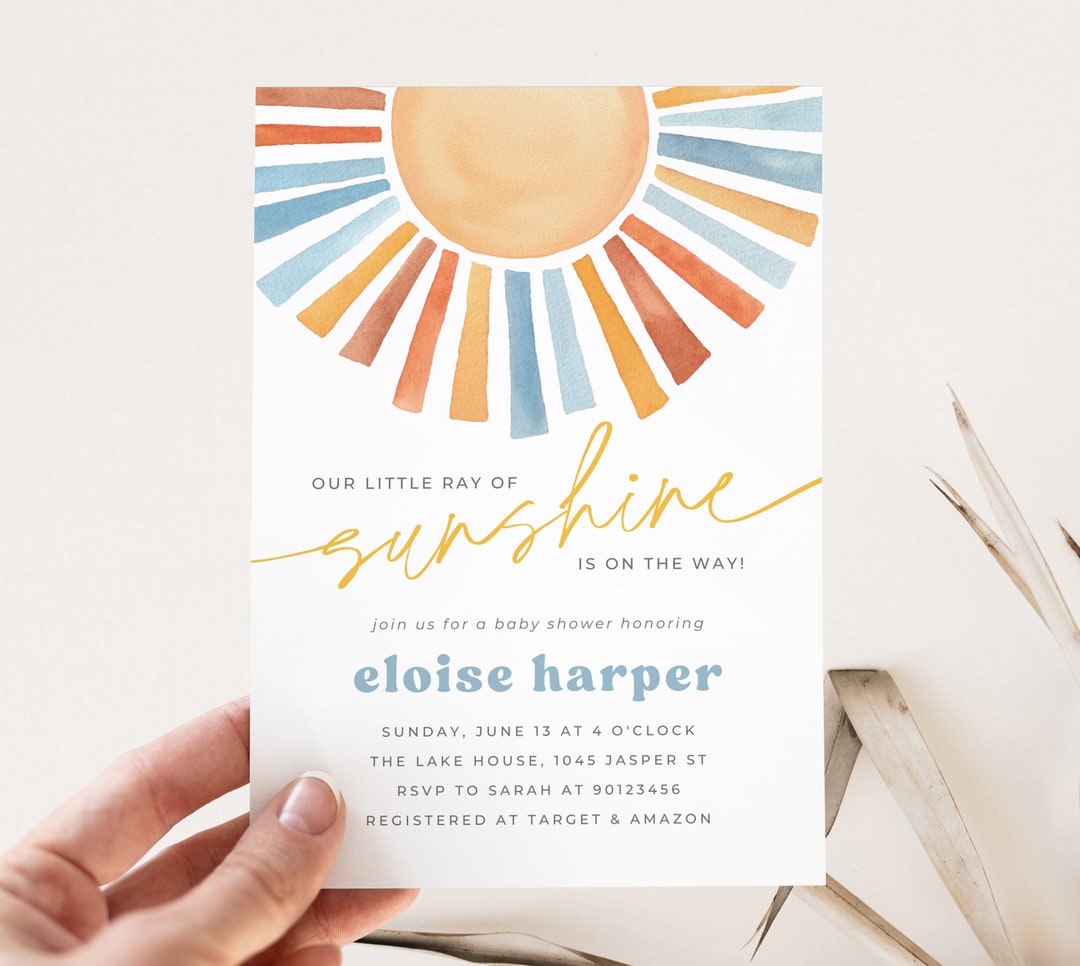 Sunshine Baby Shower Invitation Template: Editable Blue Ray (digital ...