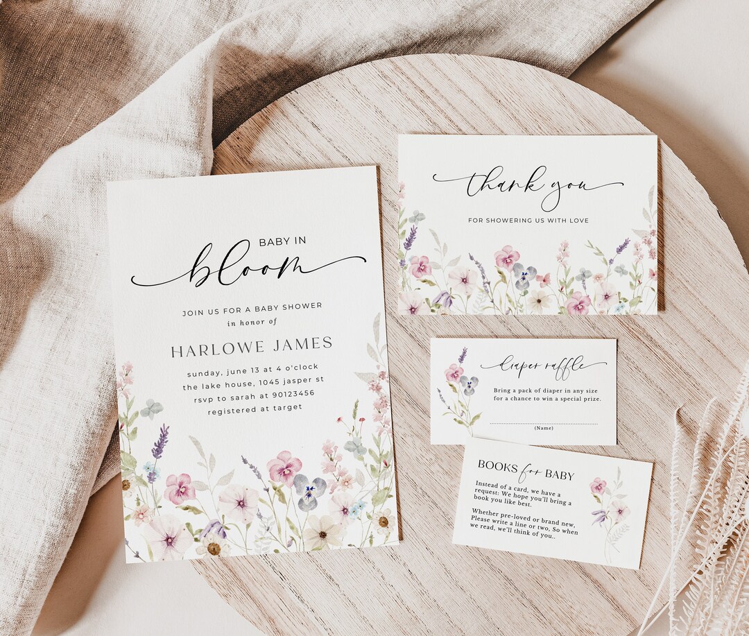 Baby in Bloom Baby Shower Invitation Set Template, Pink Wildflower Baby ...