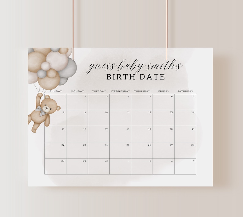 Bear Baby Shower Game: Guess Due Date Calendar (editable Template) - Etsy