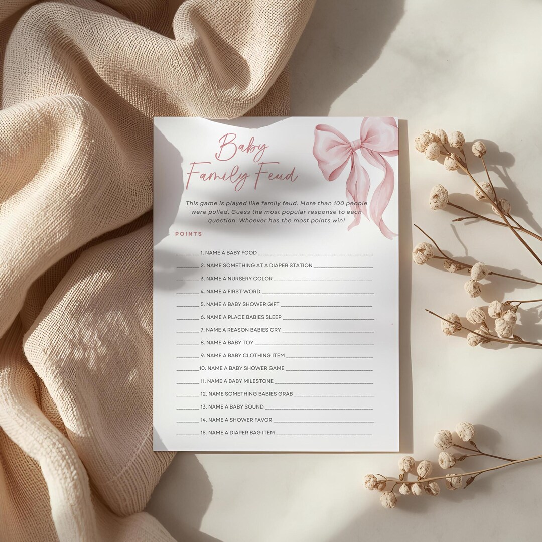 Pink Bow Family Feud Baby Shower Game: Printable Fun Baby Shower ...
