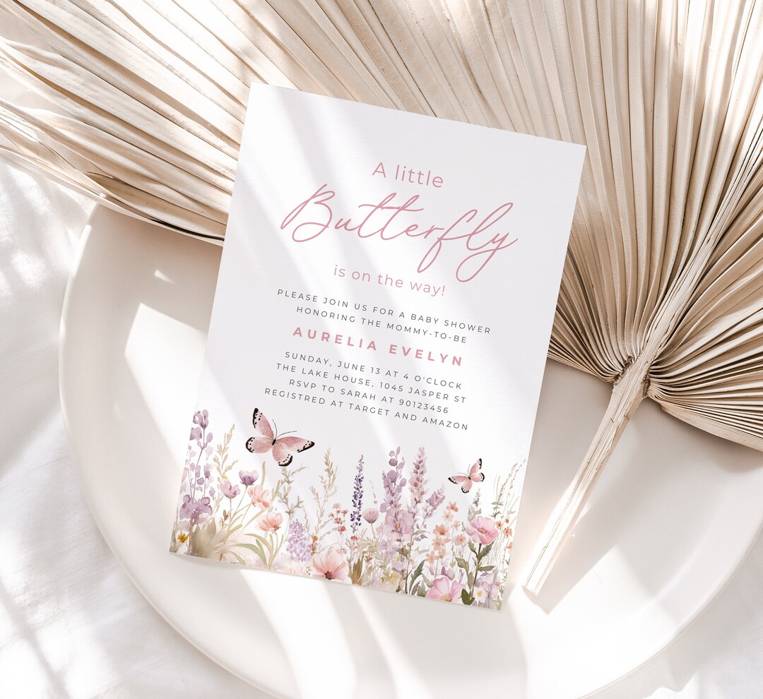 Editable Butterfly Baby Shower Invitation Template, Pink Wildflowers ...