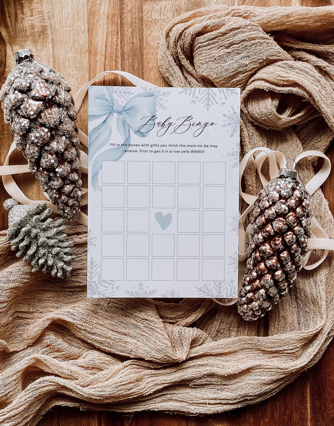 Blue Bow Winter Baby Shower Bingo Game: Snowflake Boy Theme, Printable ...