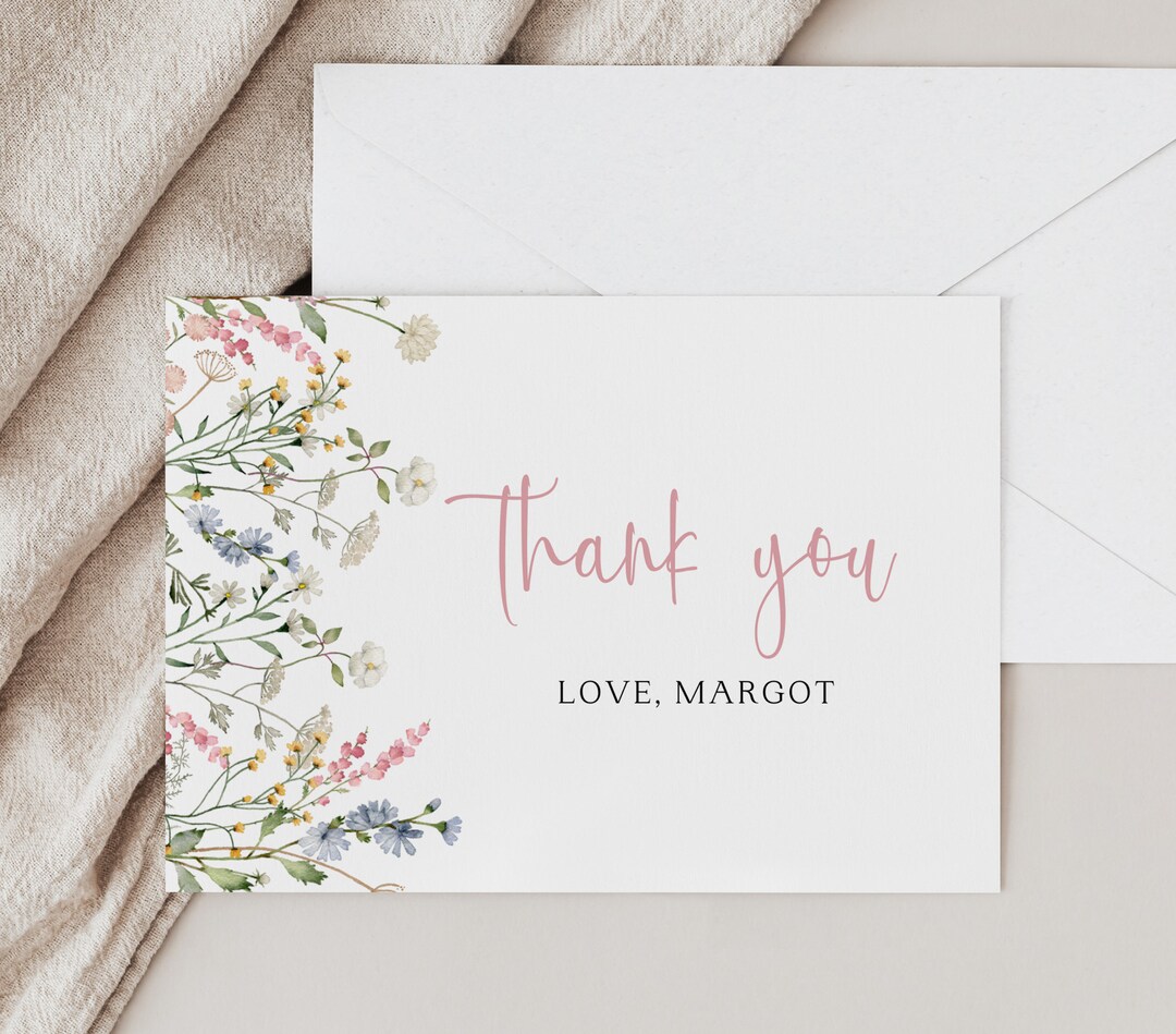 Thank You Card Template, Wildflower Thank You Note, Wedding Thank You ...