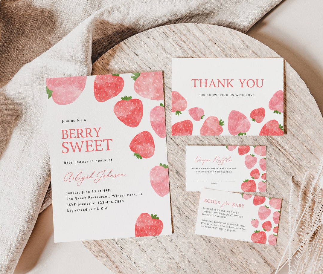 Strawberry Baby Shower Invitation Set Template, Berry Sweet Baby Shower ...