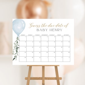 Blue Balloon Baby Shower Game: Guess Due Date Calendar (editable ...