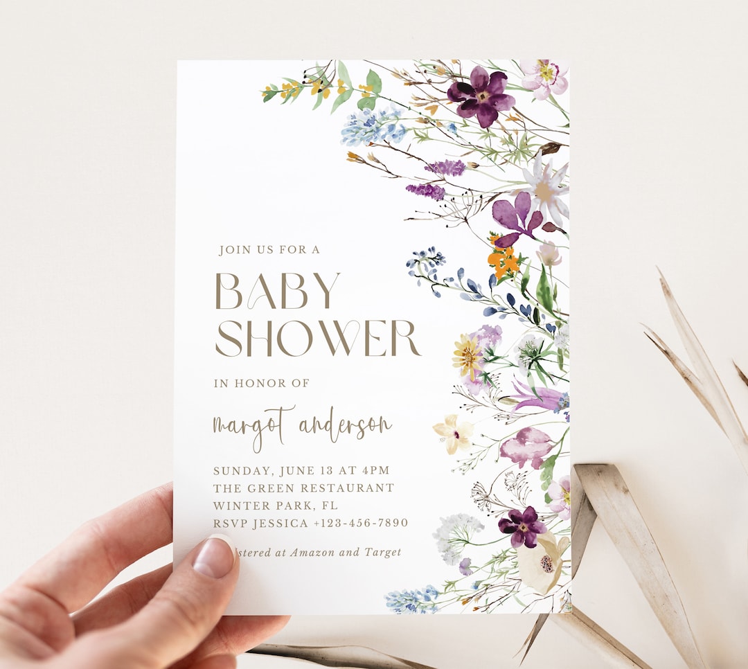 Wildflower Baby Shower Invitation Template, Baby in Bloom, Purple ...