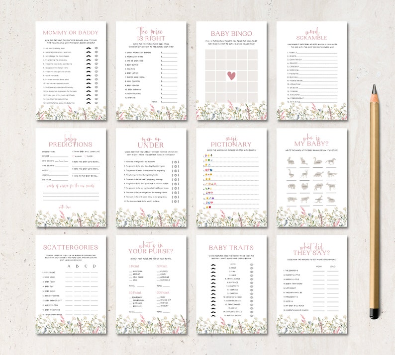 Wildflower Baby Shower Games Bundle, Spring Pink Flowers Party Games ...