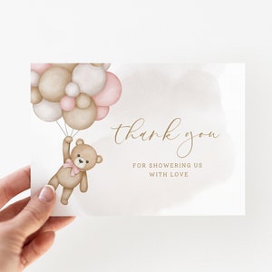Pink Bear Thank You Card Template, Bear Balloon Folded Thank You Note ...