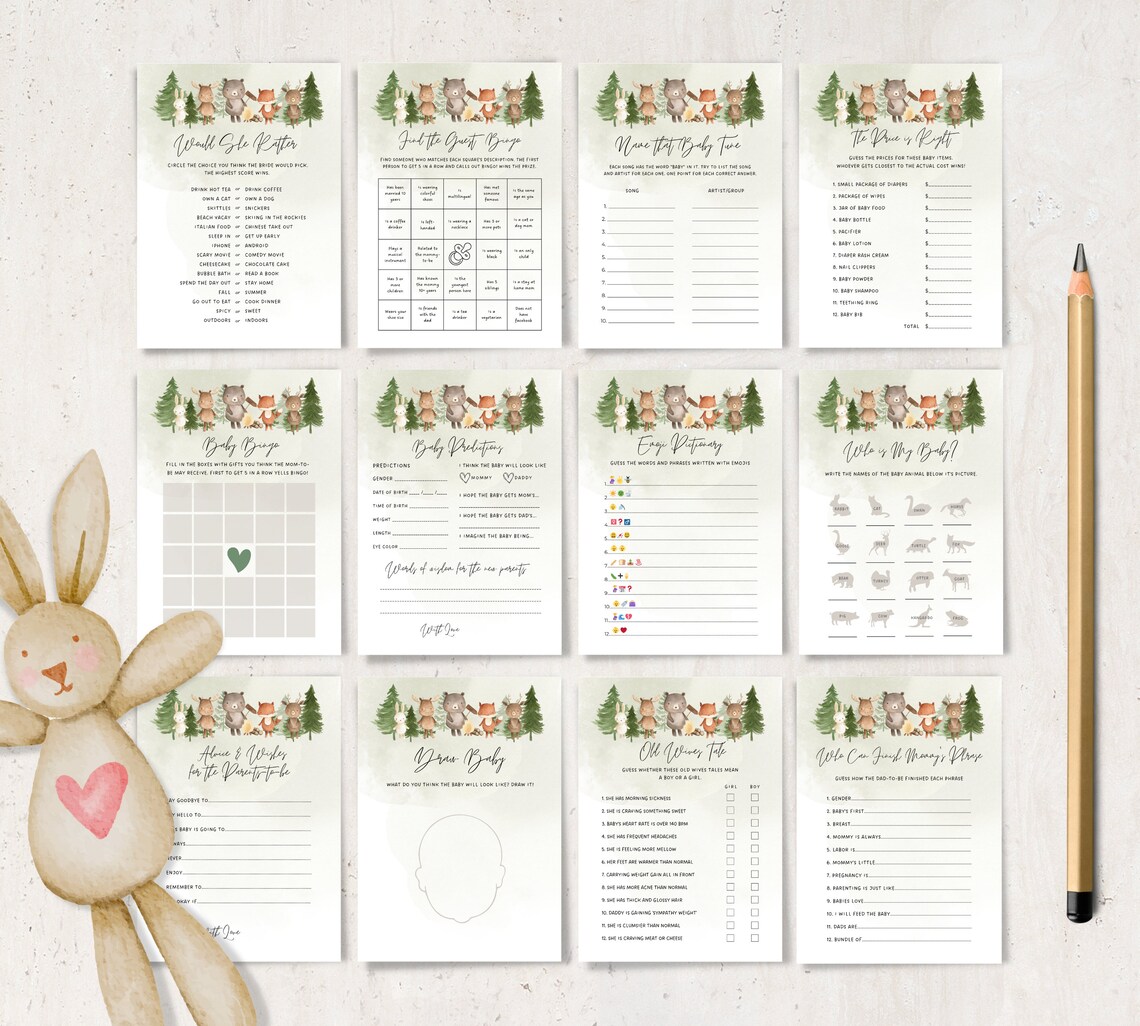 Woodland Baby Shower Games Bundle Forest Animals Party Games - Etsy