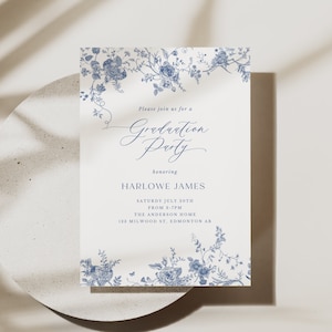 Dusty Blue Graduation Party Invitation Template, Vintage Floral ...