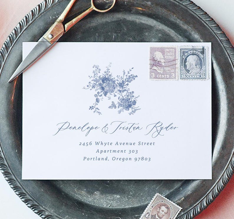 Dusty Blue Wedding Envelope Template, Vintage Floral A7 Envelope ...