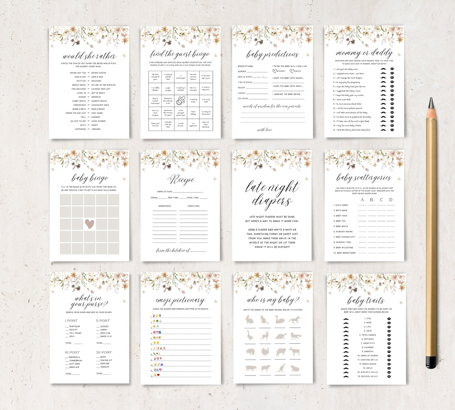 Wildflower Baby Shower Games Bundle, Spring Flowers Party Games Pack ...