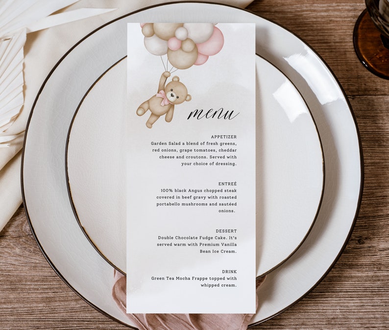 Bear Baby Shower Menu Template: Pink Balloons, Editable in Canva - Etsy