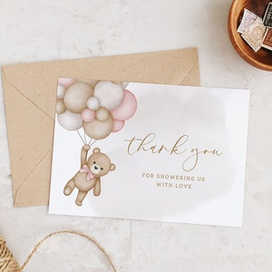 Pink Bear Thank You Card Template, Bear Balloon Folded Thank You Note ...