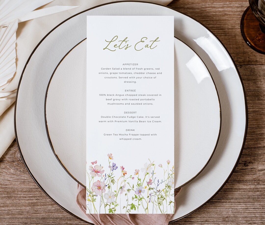 Menu Template, Wildflower Shower Menu, Printable Wedding Menu, Spring ...