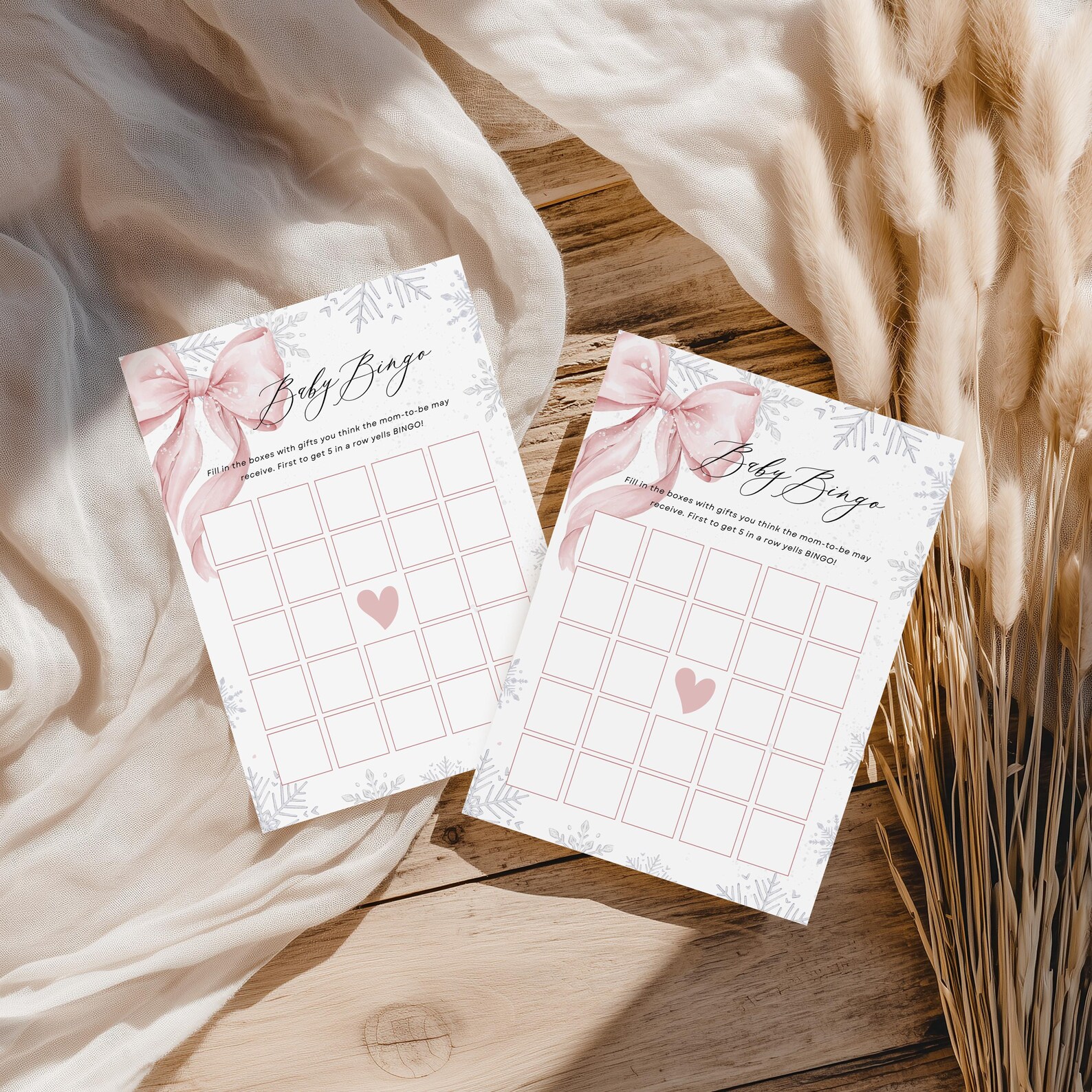 Pink Bow Winter Baby Shower Bingo Game: Snowflakes Baby Bingo ...