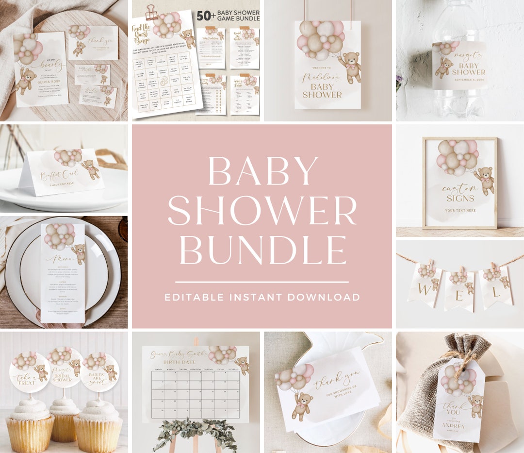 Bear Baby Shower Invitation Bundle, Pink Bear Balloons Baby Shower Kit ...